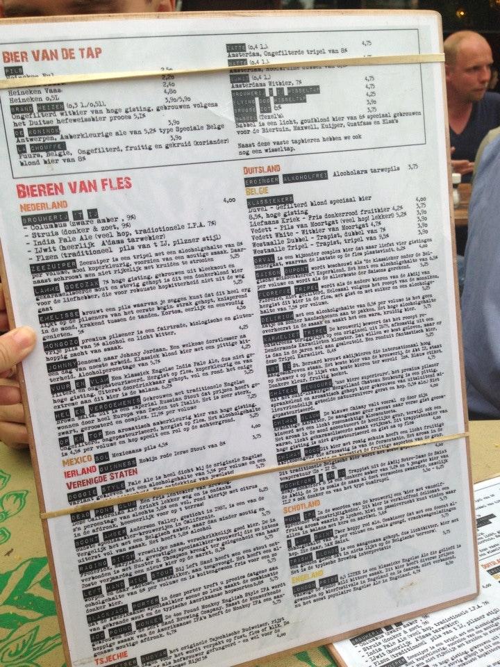Menu at De Biertuin East, Amsterdam, Linnaeusstraat 29