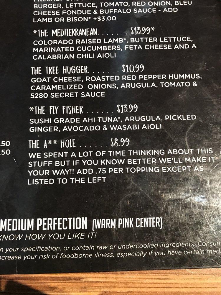 Menu at 5280 Burger Bar, Denver, 500 16th St Mall Suite 160