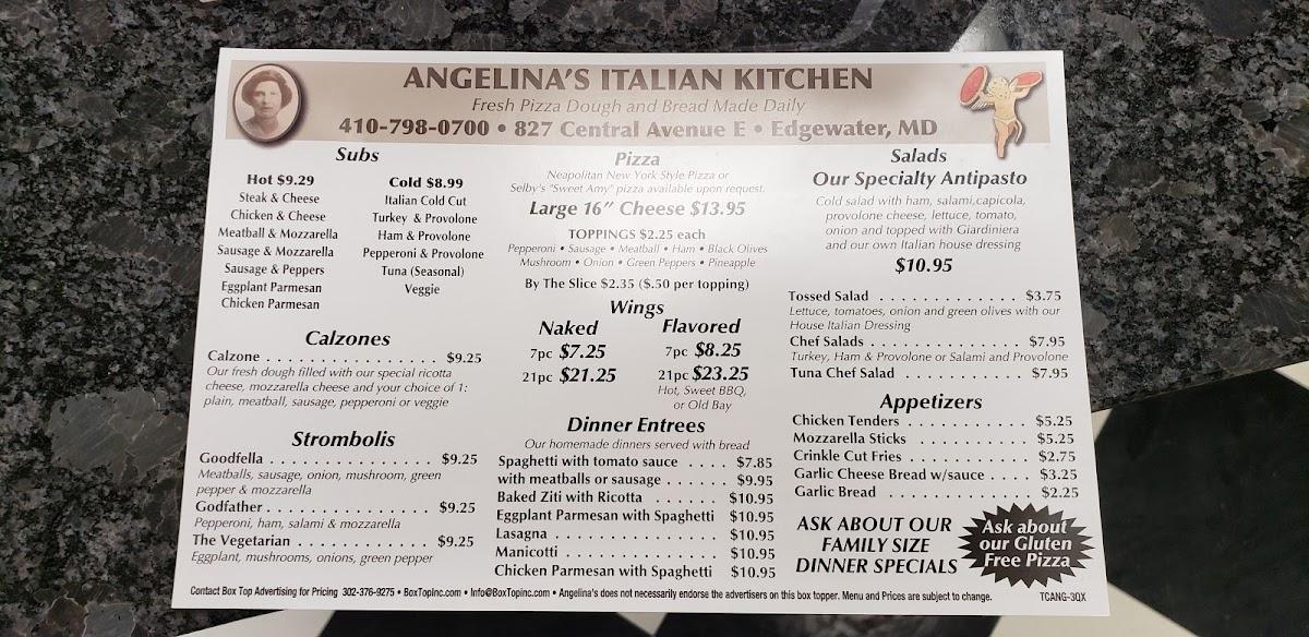 Menu at Angelina's Italian Kitchen and Sub Shoppe pizzeria, Edgewater