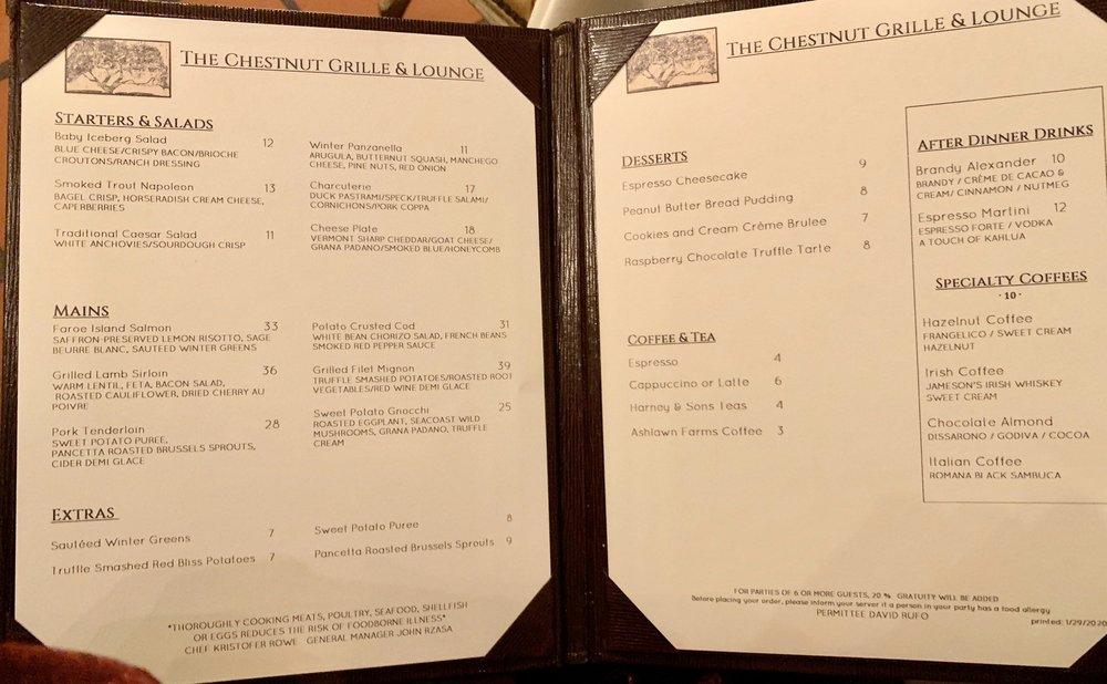 Menu at Chestnut Grille at the Bee & Thistle Inn restaurant, Old Lyme