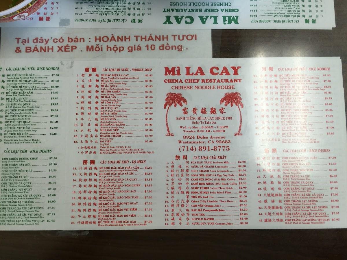 Menu at China Chef Mi La Cay restaurant, Westminster, Bolsa Ave