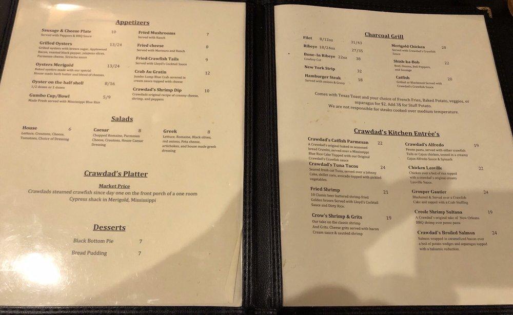 Menu at Crawdad's steakhouse, Merigold, 104 Park St
