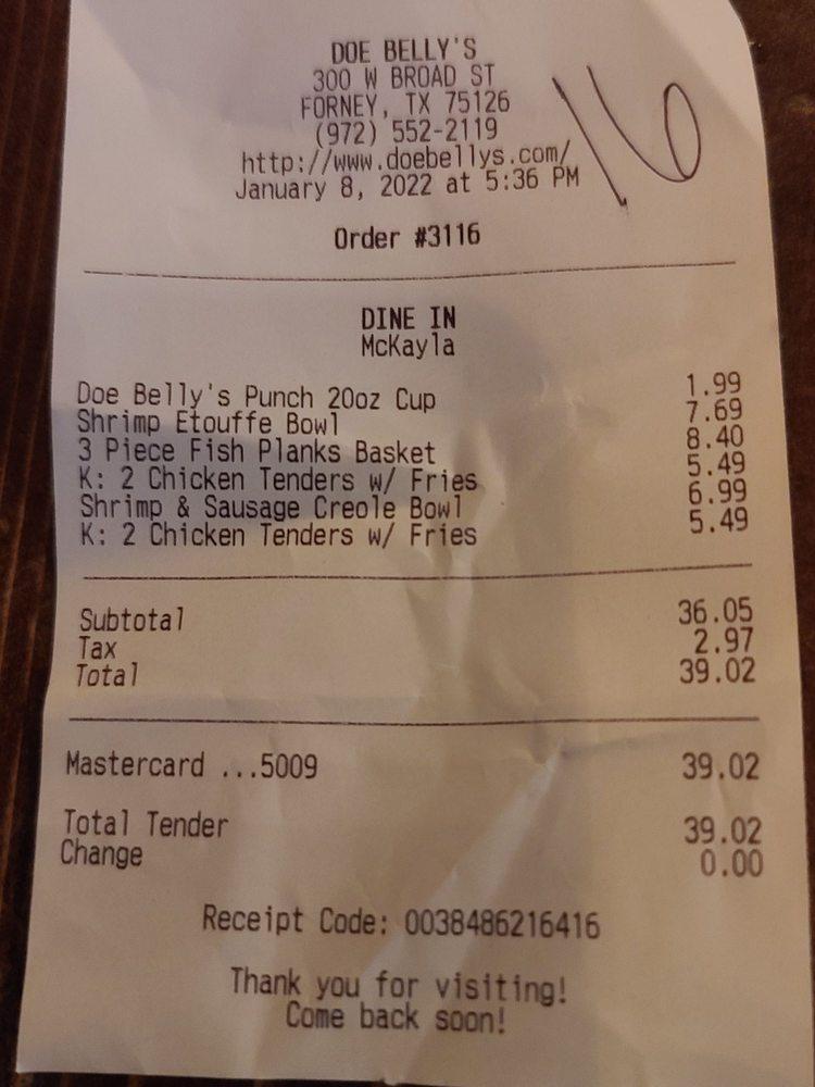 Menu at Doe Belly's restaurant, Forney