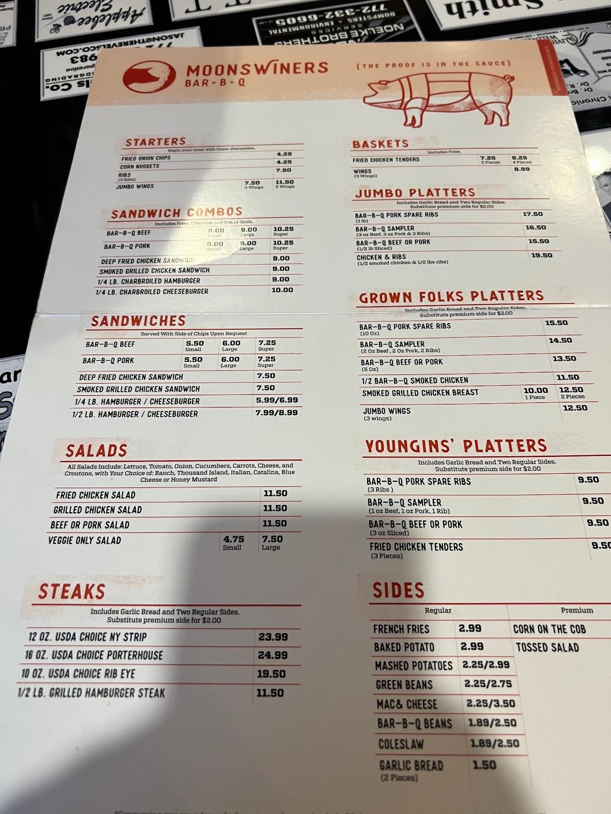 Menu at Moonswiners Bar-B-Q, Fort Pierce