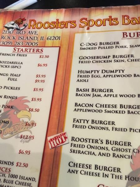 Menu at Rooster's Sports Bar & Grill, Rock Island