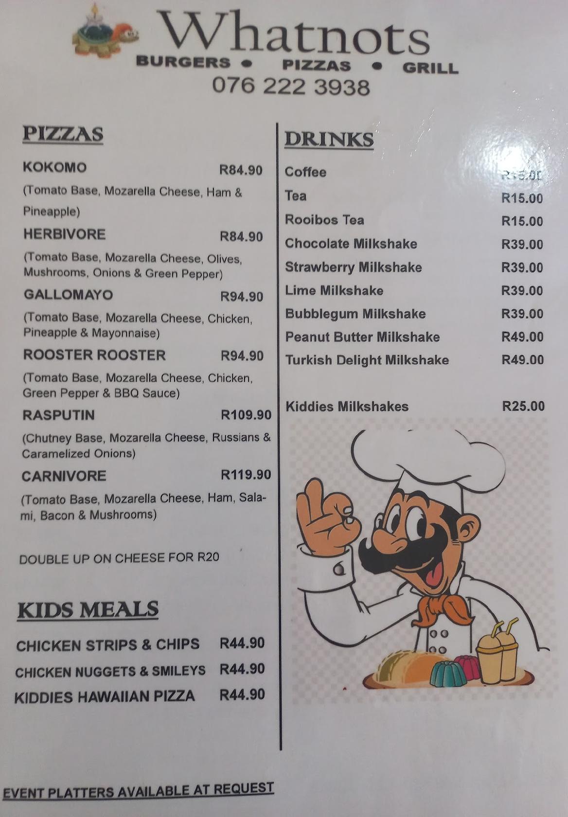 Menu at Whatnots restaurant, Pietermaritzburg