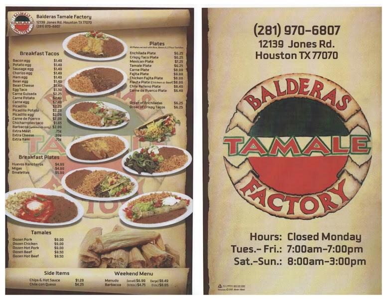 Menu at Balderas Tamale Factory restaurant, Houston, Jones Rd