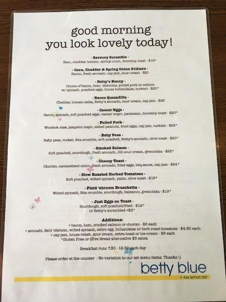 Menu at Betty Blue & The Lemon Tart restaurant, Townsville, 95 Denham St