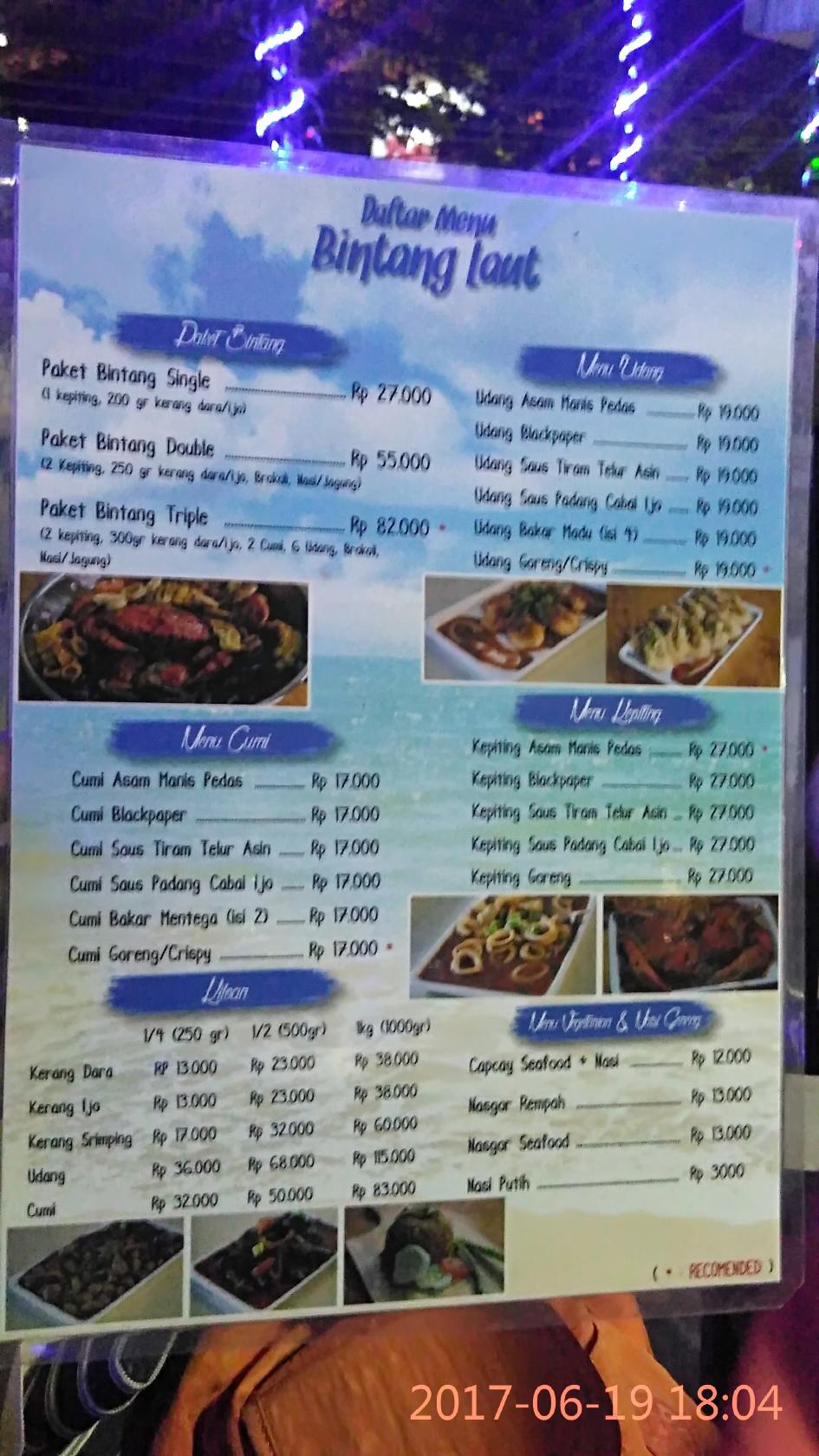 Menu at Bintang Laut restaurant, Yogyakarta