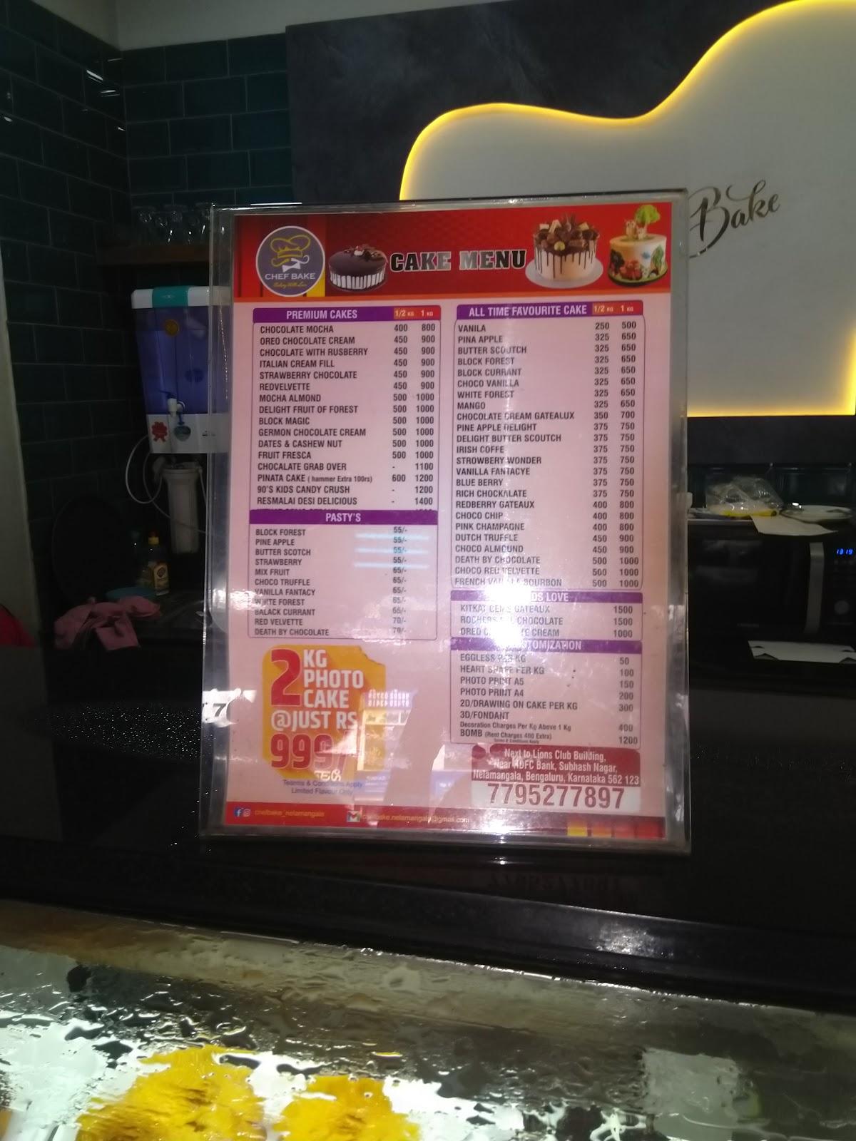 Menu at Chef Bake, Bengaluru, lion club complex