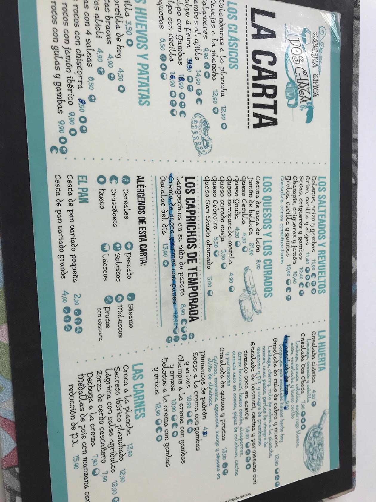 Menu at Dos Chata restaurant, Cangas