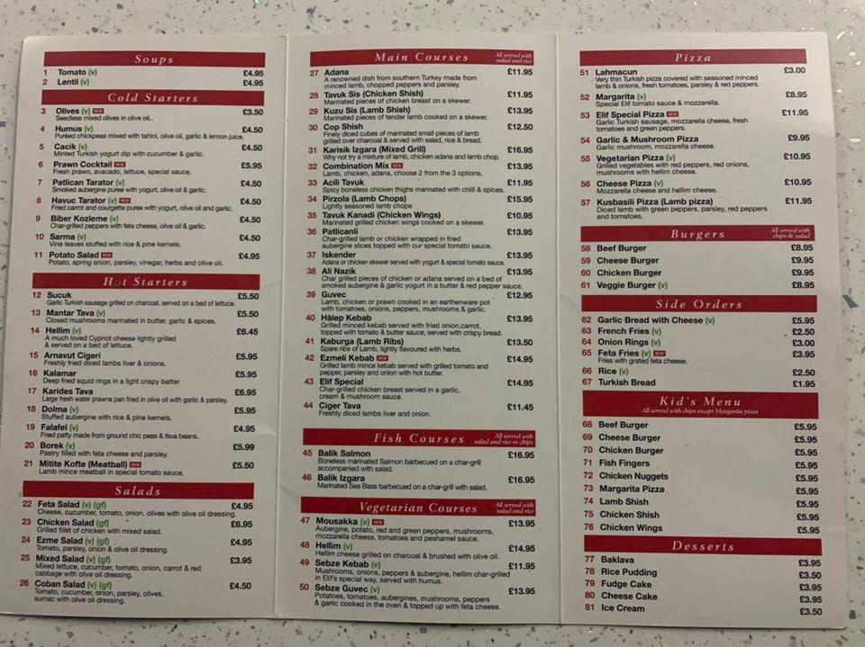 Menu at Elif 2 restaurant, Sheffield