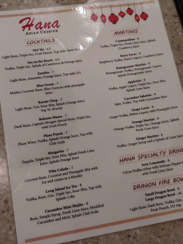 Menu at Hana Asian Cuisine restaurant, Windham