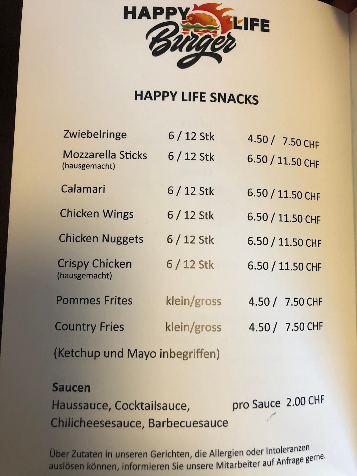 Speisekarte von Happy Life Burger, Lichtensteig