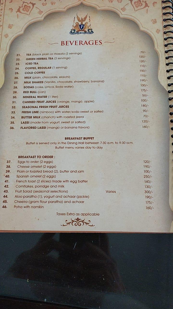 Menu at Hotel Rajasthan Palace, Jaipur