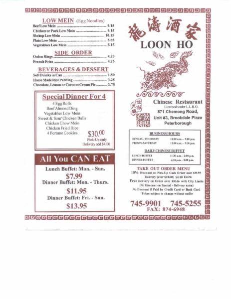 Menu at Loon Ho Restaurant, Peterborough