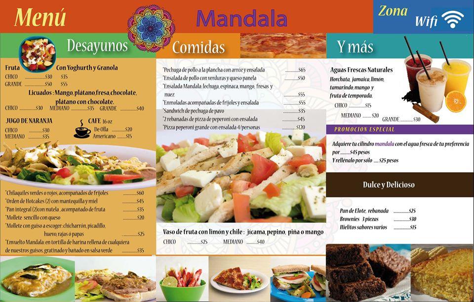 Menu at Mandala cafe, Torreón, Carr. Torreón - Matamoros 9200