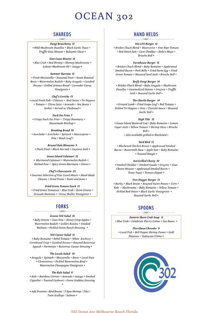 Menu at Ocean 302 steakhouse, Melbourne Beach