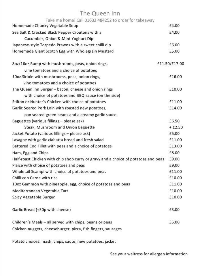 Menu at The Queen Inn pub & bar, Cwmbran