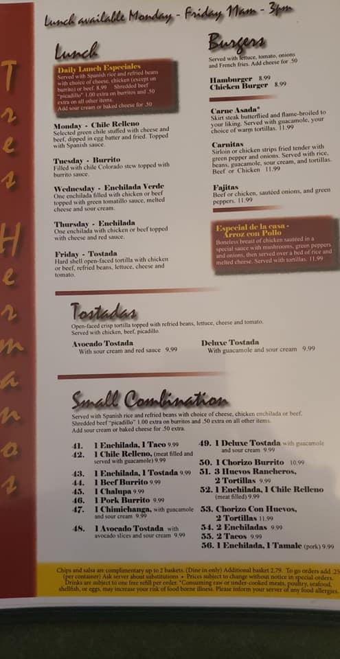 Menu at Tres Hermanos restaurant, Marysville
