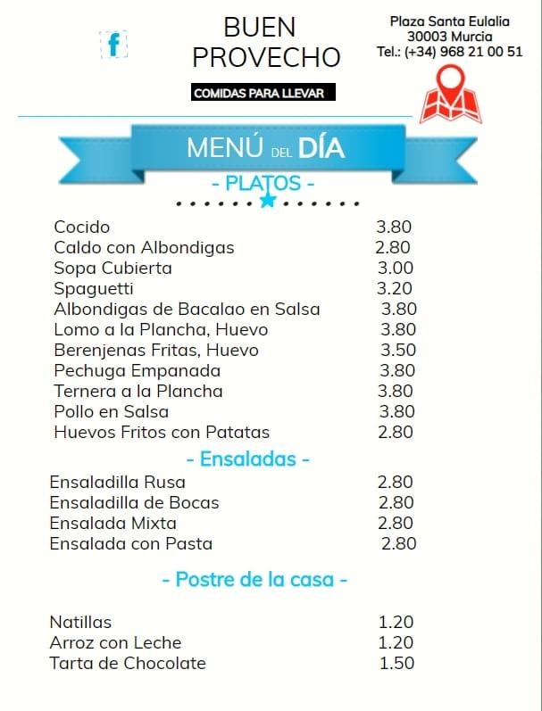 Menu at Buen Provecho restaurant, Murcia