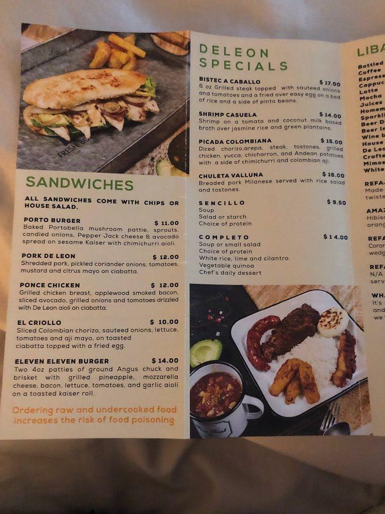 Menu at De Leon Latin Cocina restaurant, St. Augustine