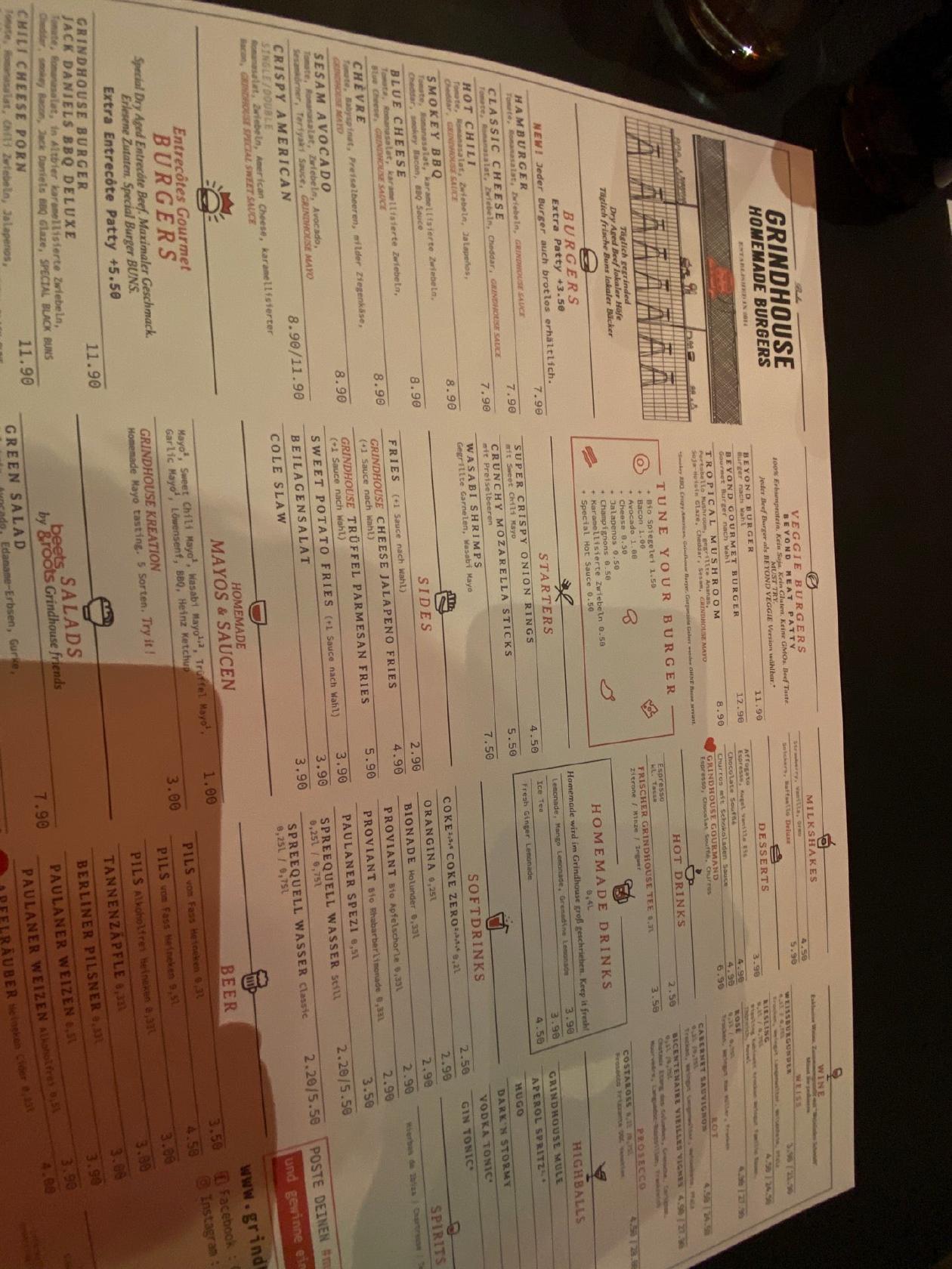 Speisekarte von Grindhouse Burgers restaurant, Berlin