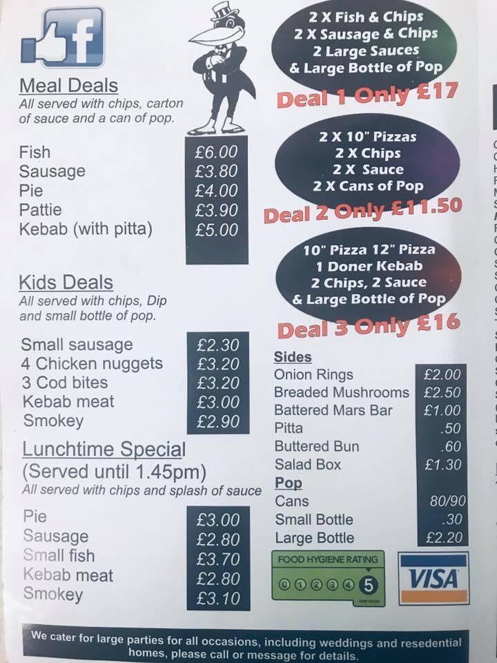 Menu at Magpie Chippy fast food, North Shields