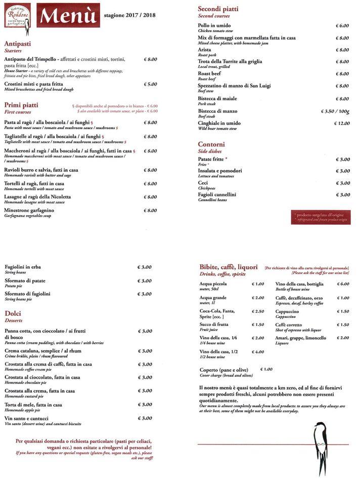 Menu da Ristoro Il Rondone ristorante, Vergemoli, Località Trimpello