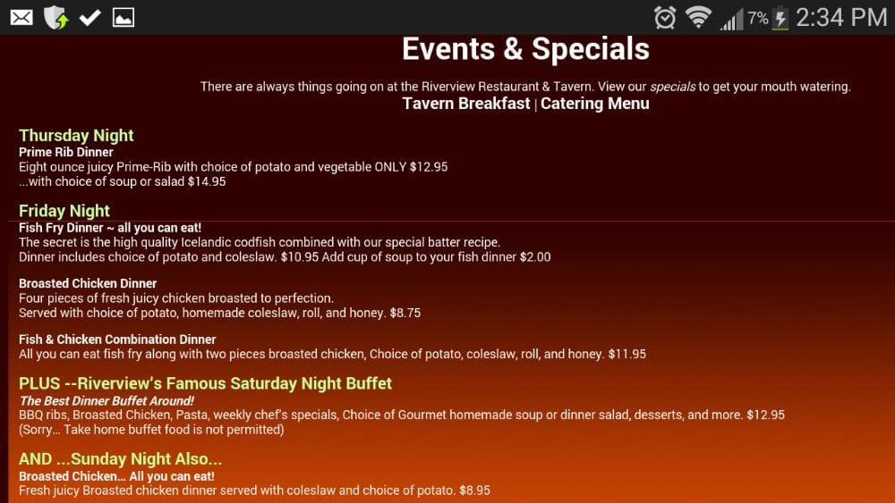 Menu at Riverview Restaurant & Tavern, Algonquin