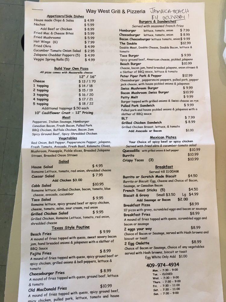 Menu at Way West Grill & Pizzeria, Jamaica Beach