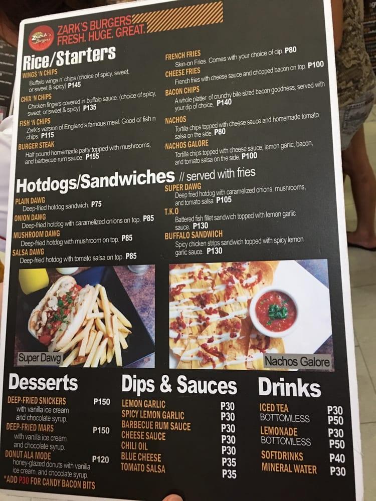 Menu at Zarks Burger, Manila, Felix Huertas Road