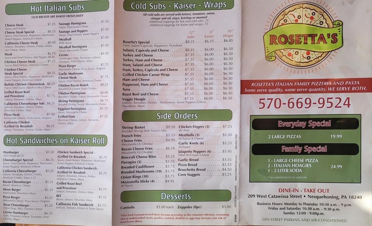 Menu at Rosetta’s Pizza pizzeria, Nesquehoning