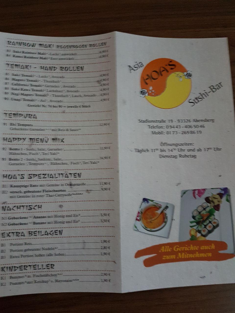 Menu at Asia Hoa's Sushi Bar, Abensberg