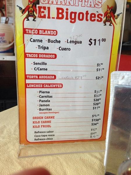Menu at CARNITAS "EL BIGOTES" restaurant, Guadalajara