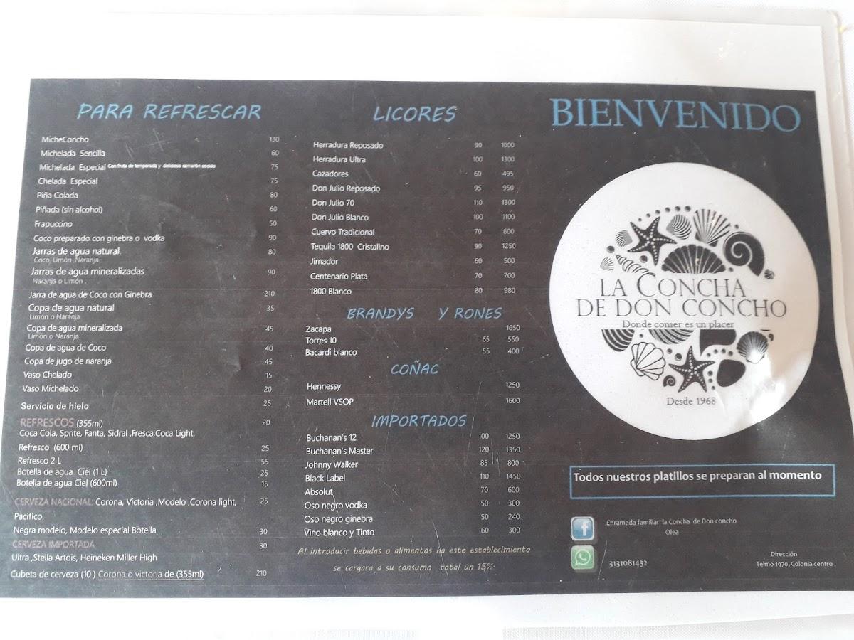 Menu at Enramada La Concha de Don Concho restaurant, Mexico