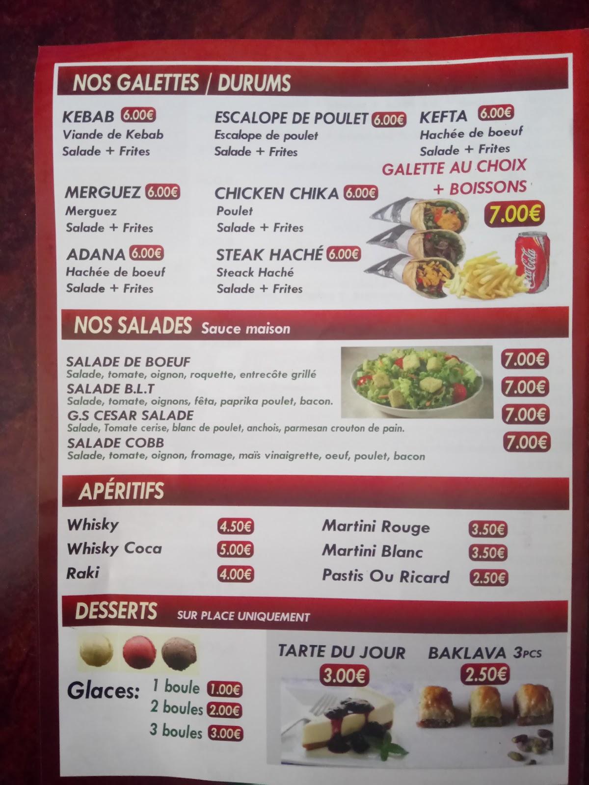 Menu at Galatasaray fast food, Laon