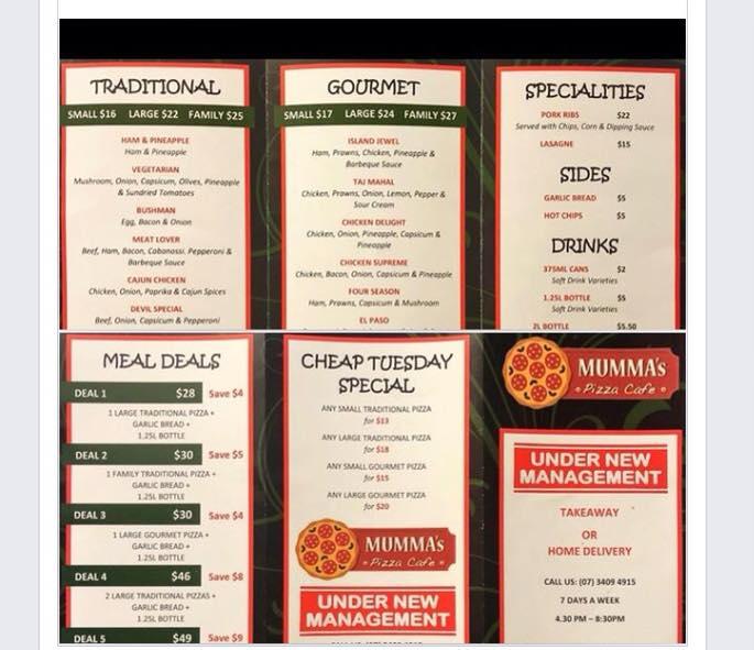 Menu at Mumma's Pizza Cafe, Macleay Island