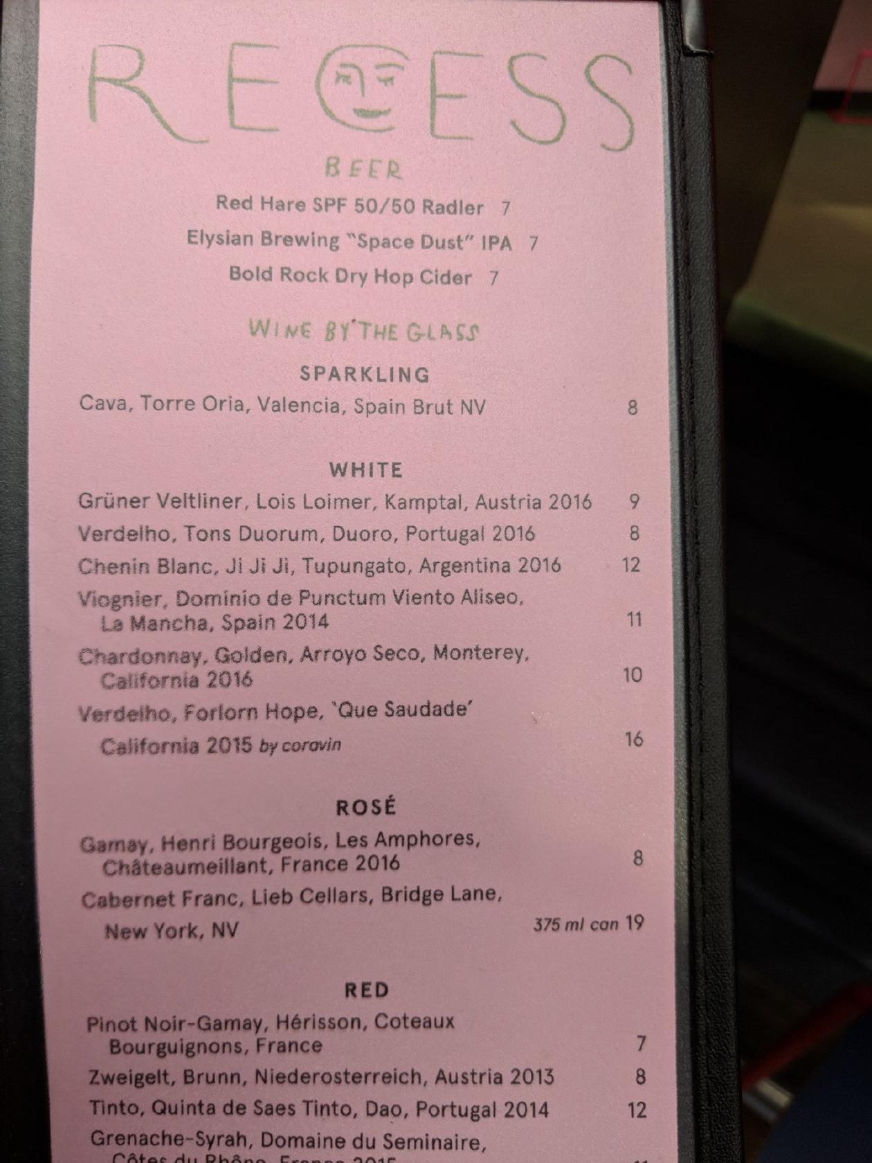 Menu at Recess (Krog Street) pub & bar, Atlanta
