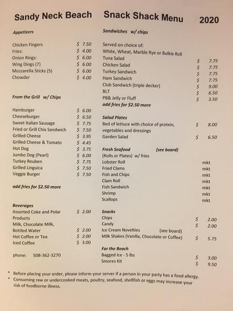 Menu at Sandy Neck Beach Snack Shack restaurant, Barnstable