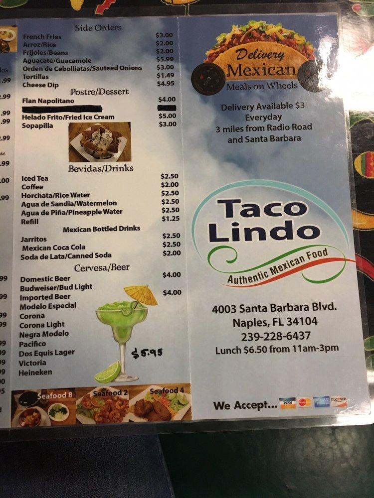 Menu at Taco Lindo restaurant, Naples, Santa Barbara Blvd