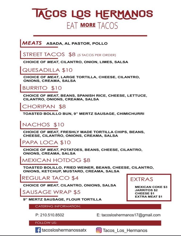 Menu at Tacos Los Hermanos restaurant, San Antonio, TX-151 Ste 106