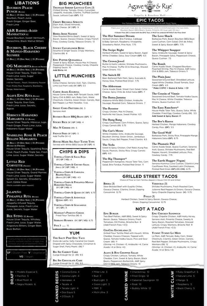 Menu at Agave & Rye Epic Tacos pub & bar, Huntsville