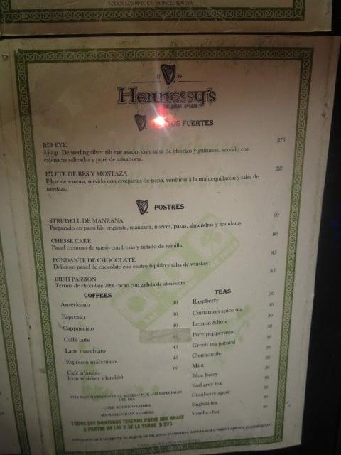 Menu at Hennessys Irish Pub, Merida