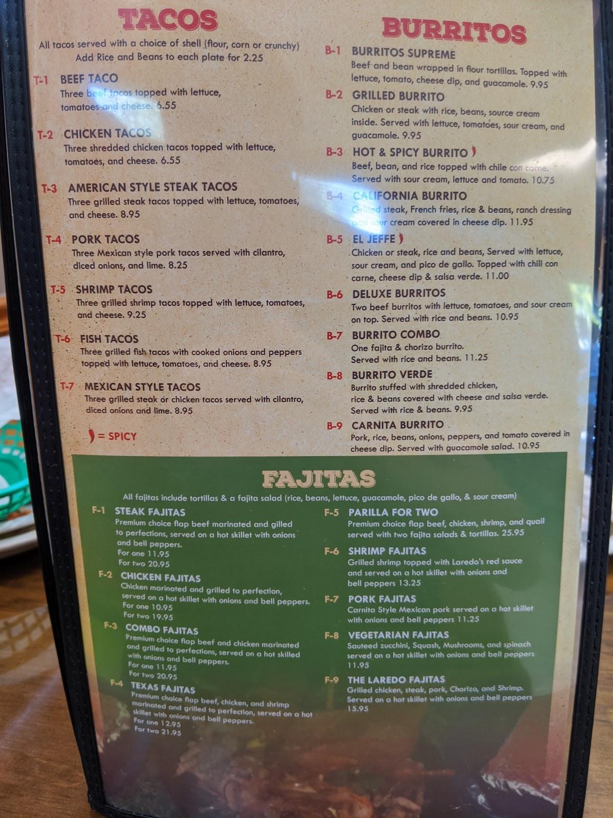 Menu at Laredo Mexican Restaurant, Lake Butler