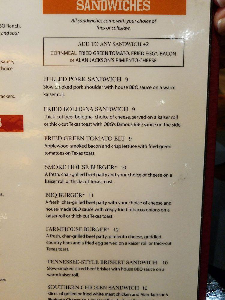 Menu at Opry Backstage Grill at The Inn at Opryland restaurant, Nashville