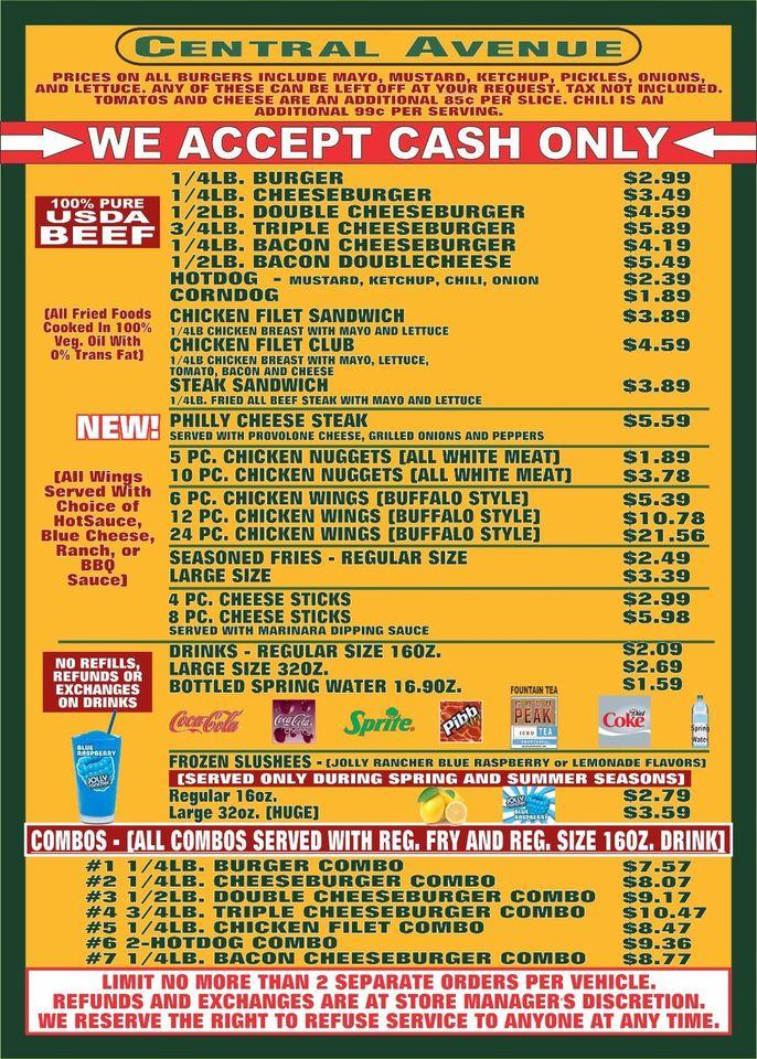 Menu at Central Avenue fast food, Anderson