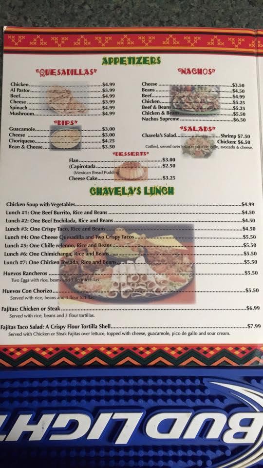 Menu at Chavela's restaurant, Elgin