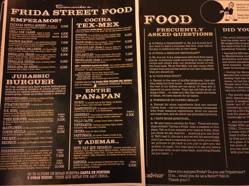 Carta del restaurante Frida Street Food, Santander