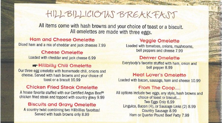Menu at Hillbillies Restaurant, Murphys